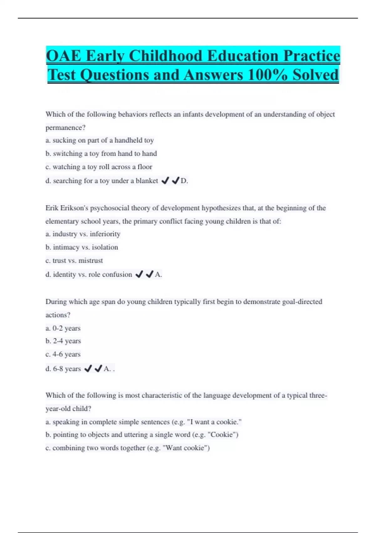 OAE Early Childhood Education Practice Test Questions and Answers 100% ...