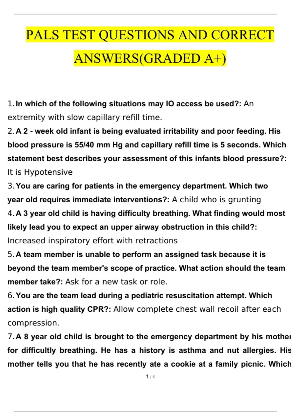 PALS Test 2024 STUDY BUNDLE (COMPLETE PACKAGE)(Verified Answers ...