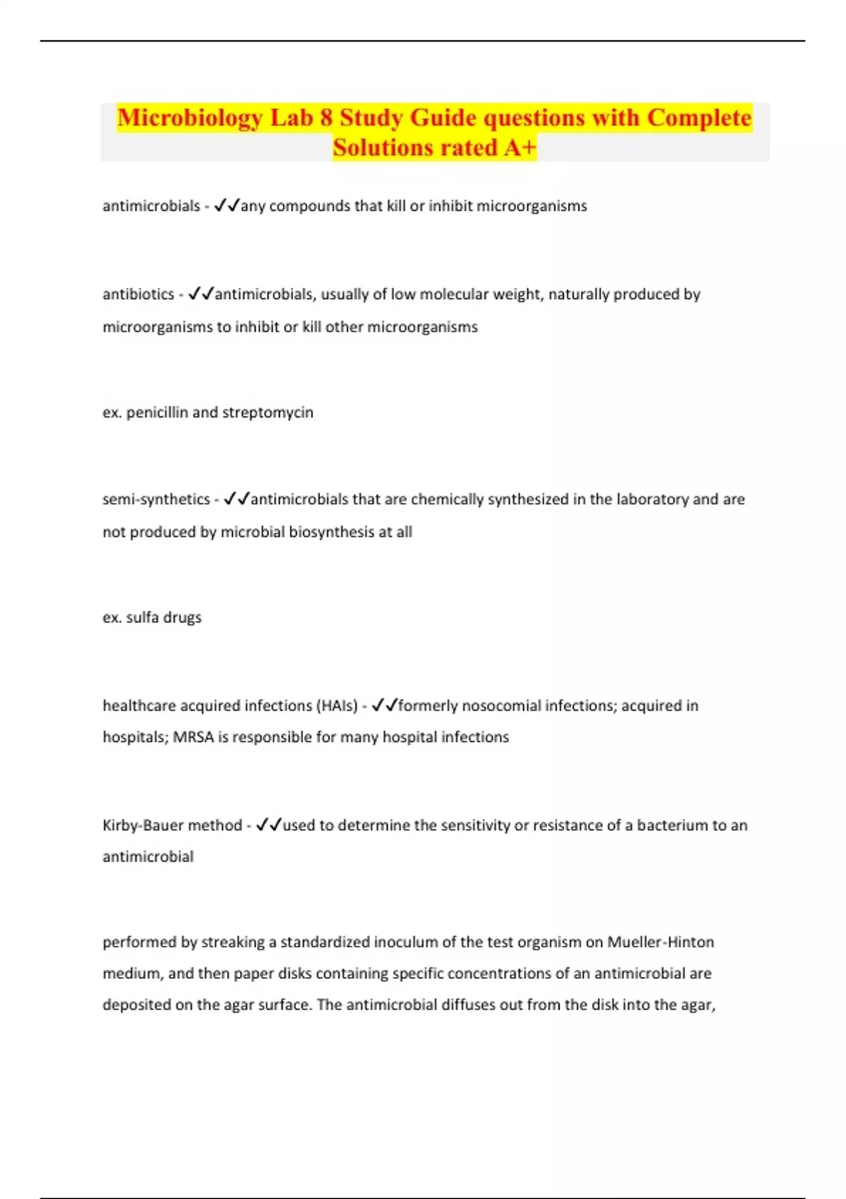 Microbiology Lab 8 Study Guide questions with Complete Solutions rated A+ - Portage Microbiology ...