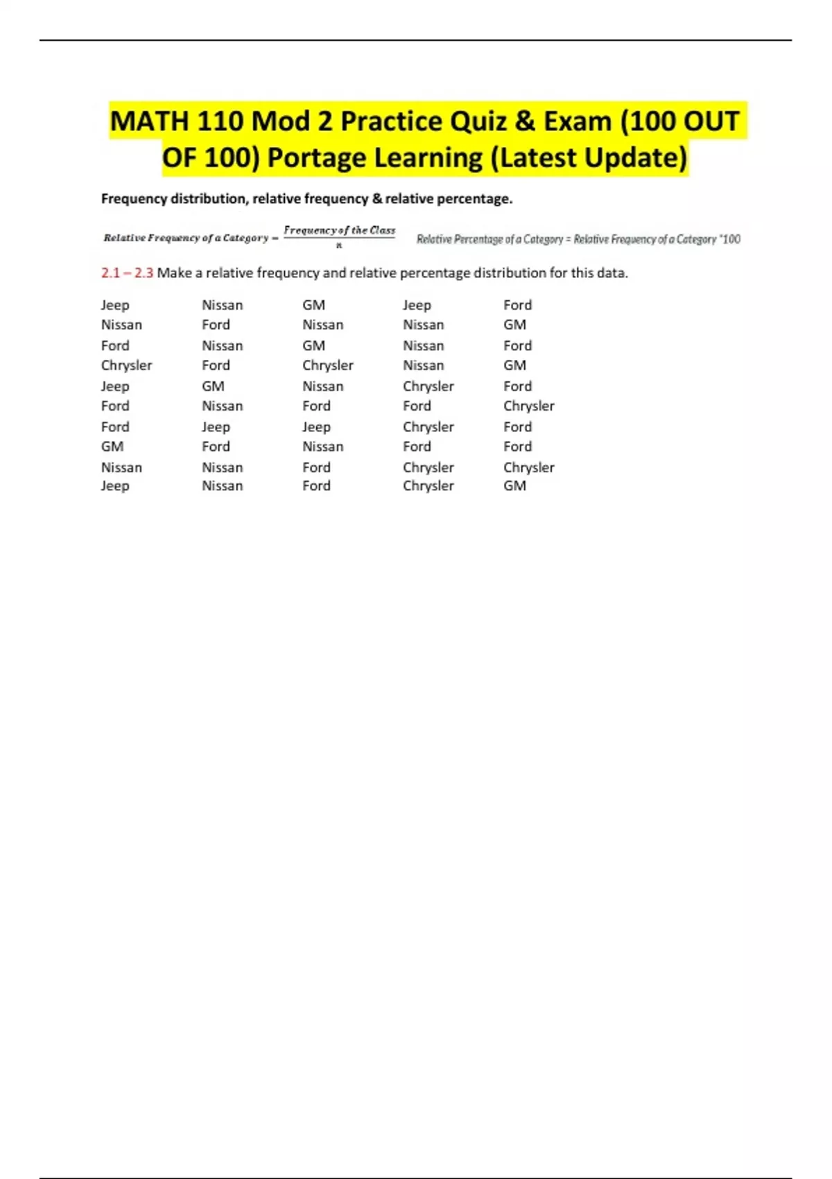 MATH 110 Mod 2 Practice Quiz & Exam (100 OUT OF 100) Portage Learning ...