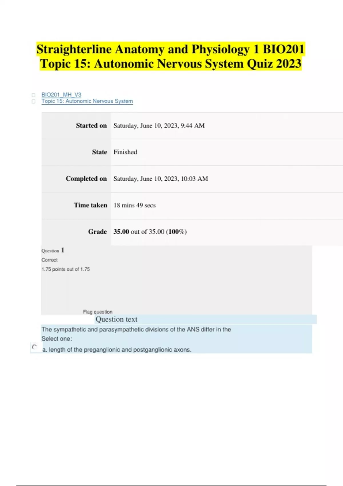 Straighterline Anatomy and Physiology 1 BIO201 Topic 15: Autonomic ...