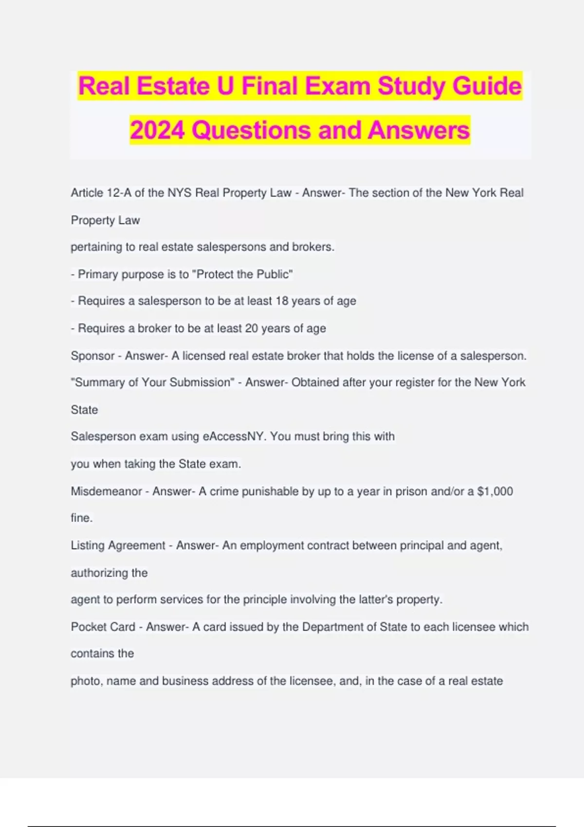 Real Estate U Final Exam Study Guide 2024 Questions and Answers - Real ...