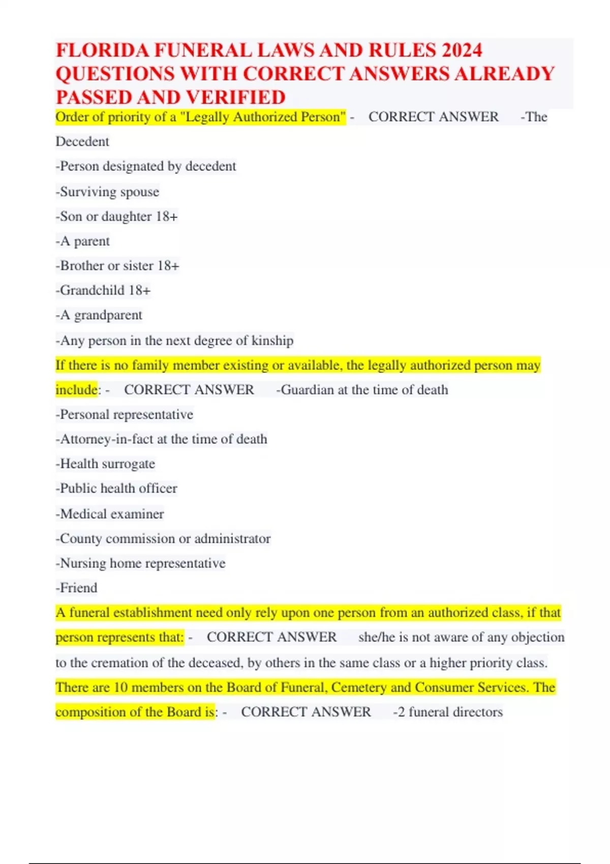 FLORIDA FUNERAL LAWS AND RULES 2024 QUESTIONS WITH CORRECT ANSWERS ...