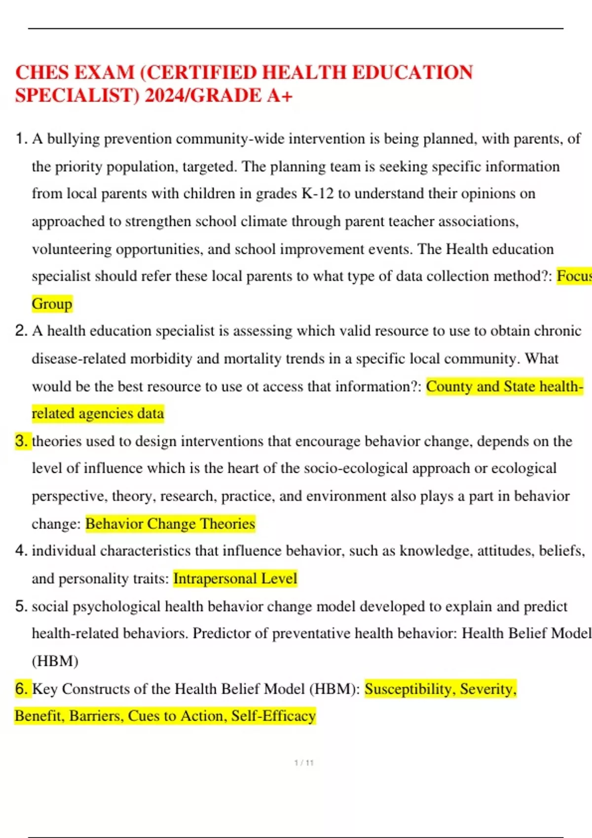 CHES EXAM (CERTIFIED HEALTH EDUCATION SPECIALIST) 2024 GRADE A+ - CHES ...