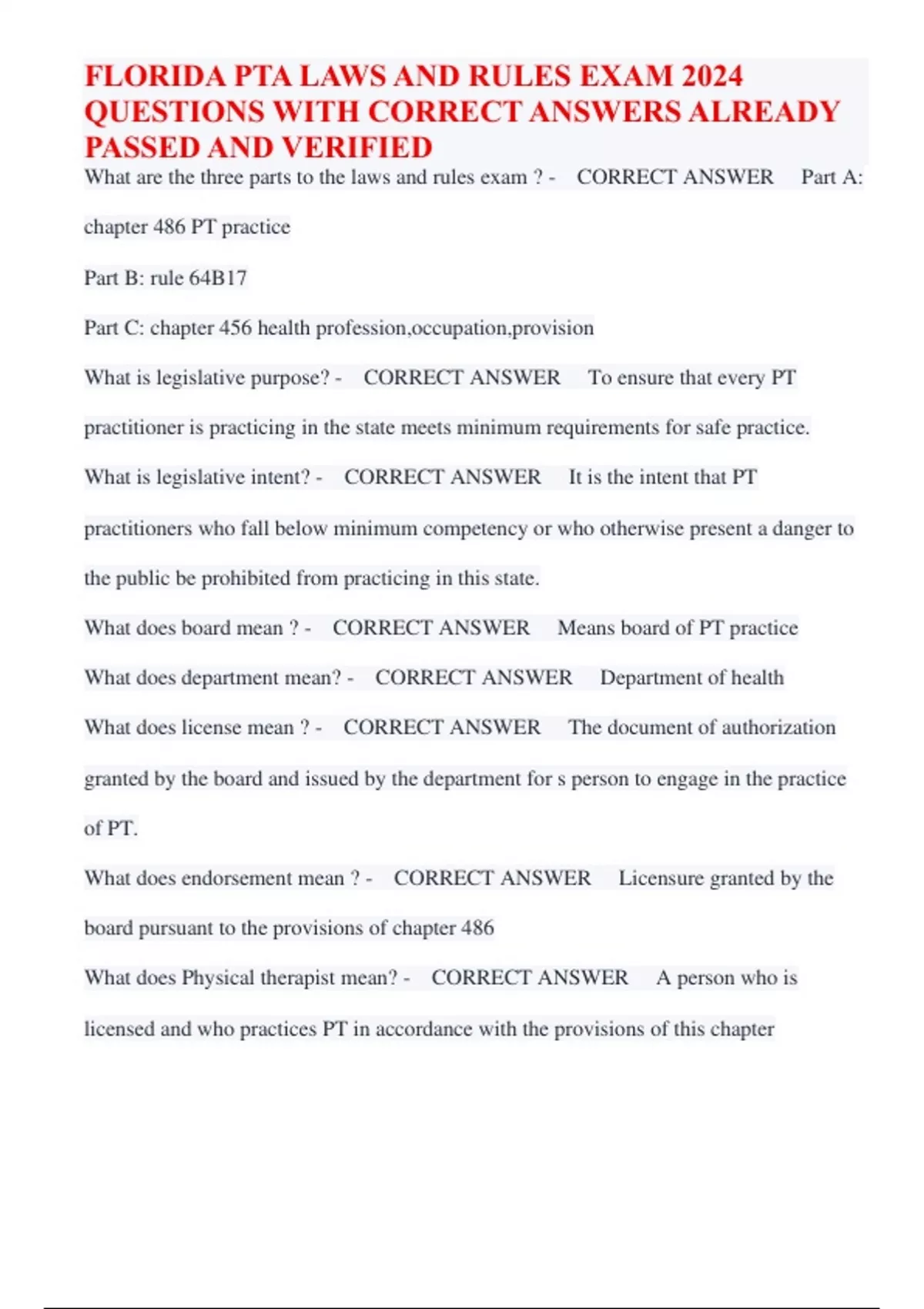 FLORIDA PTA LAWS AND RULES EXAM 2024 QUESTIONS WITH CORRECT ANSWERS ...