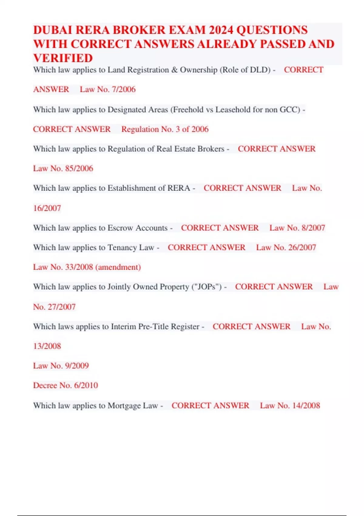 DUBAI RERA BROKER EXAM 2024 QUESTIONS WITH CORRECT ANSWERS ALREADY ...