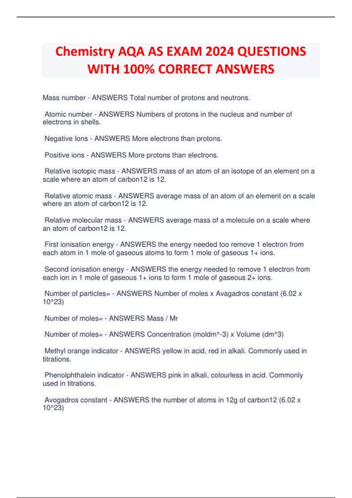 Chemistry AQA AS EXAM 2024 QUESTIONS WITH 100% CORRECT ANSWERS - AQA ...