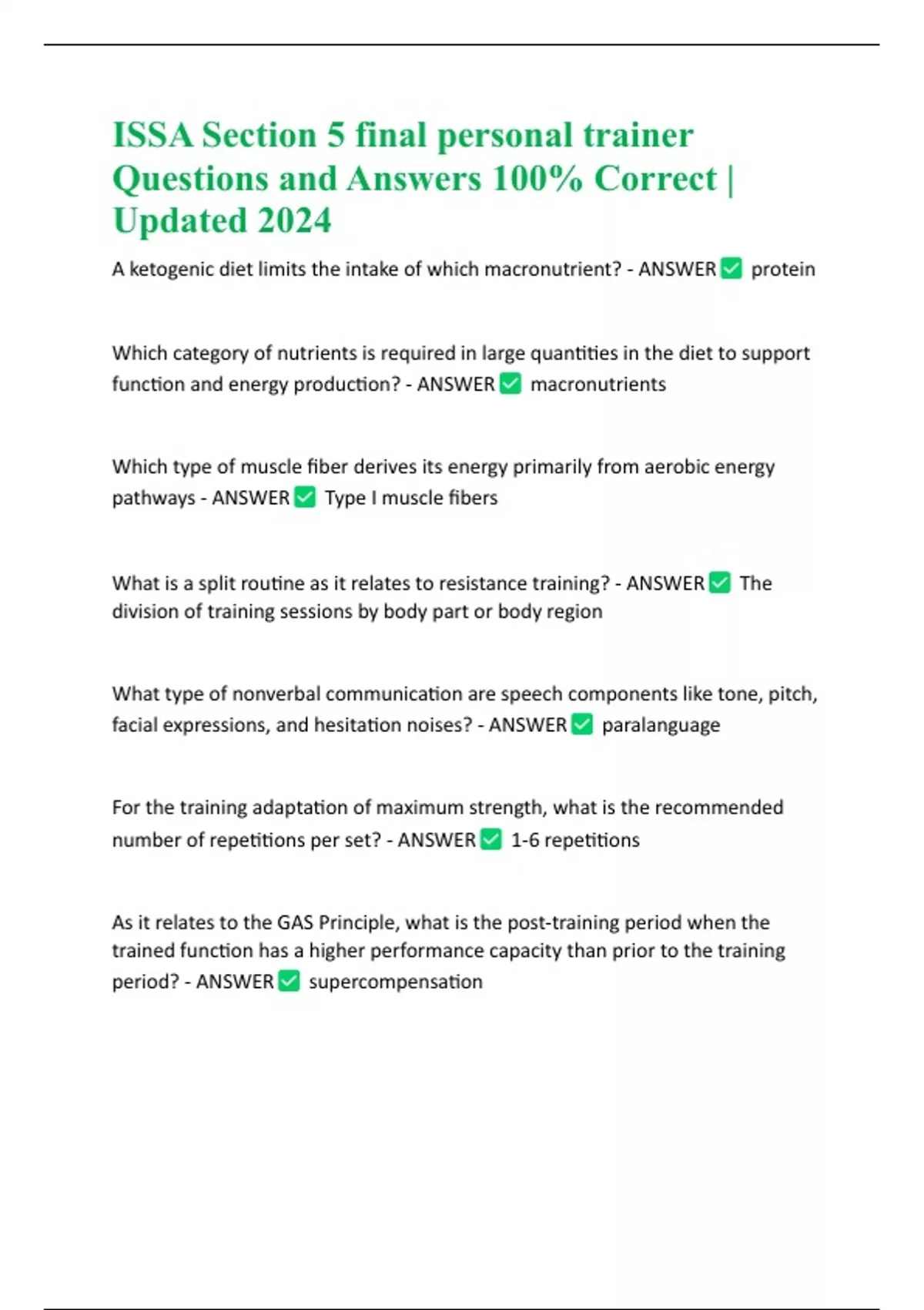 ISSA Section 5 final personal trainer Questions and Answers 100% Correct Updated 2024 - ISSA ...