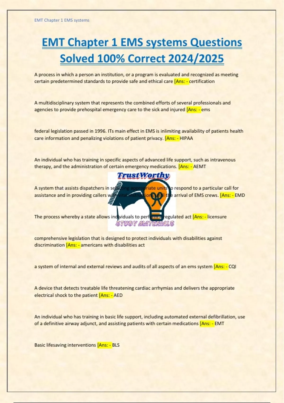 EMT Chapter 1 EMS systems Questions Solved 100% Correct 2024/2025 - EMT ...