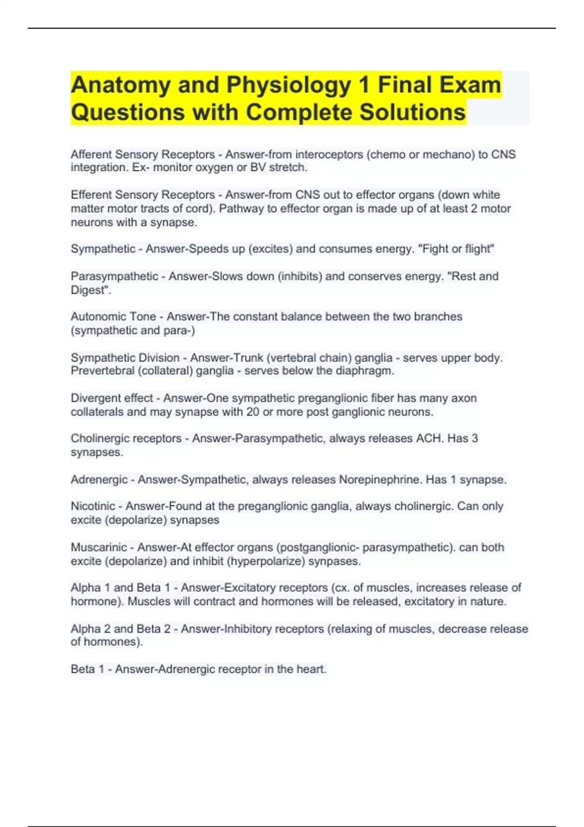 Anatomy and Physiology 1 Final Exam Questions with Complete Solutions ...