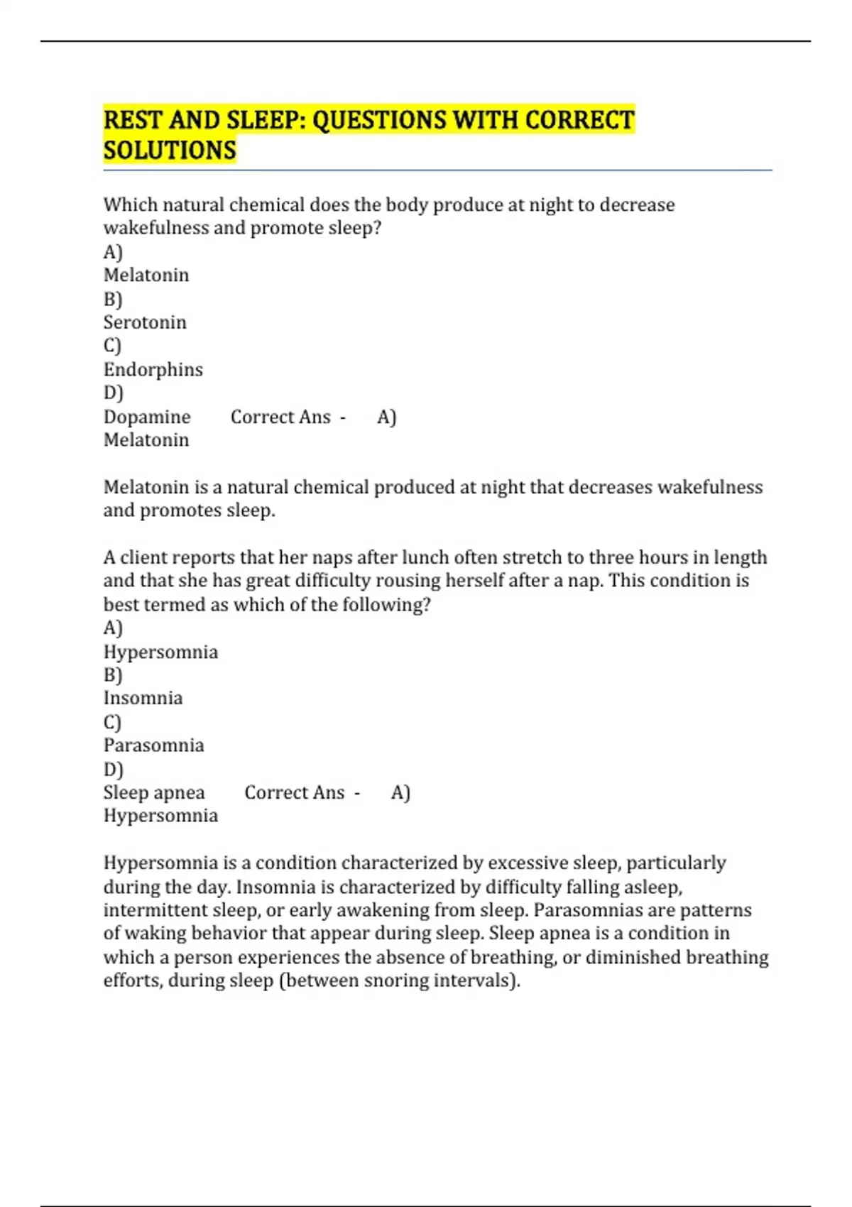 REST AND SLEEP: QUESTIONS WITH CORRECT SOLUTIONS - CCSH - Stuvia US