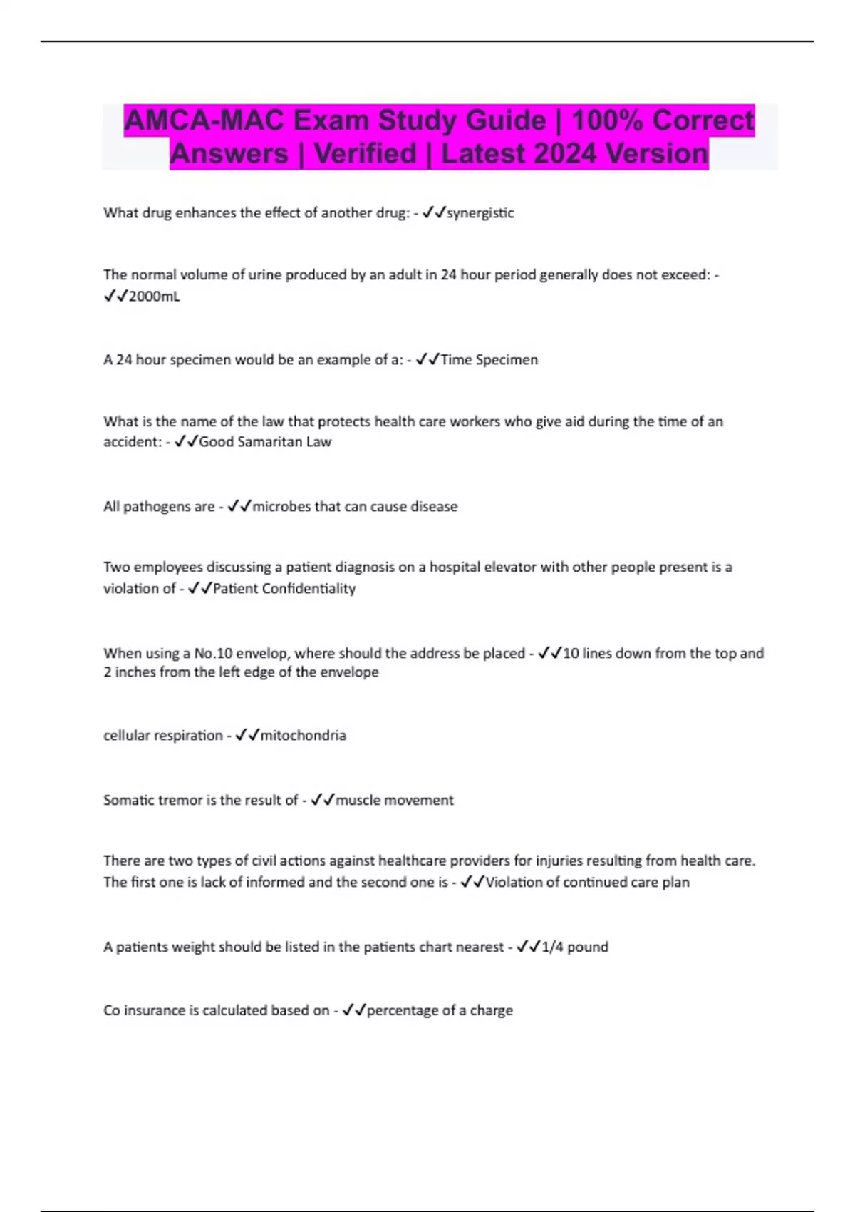 AMCA-MAC Exam Study Guide | 100% Correct Answers | Verified | Latest ...