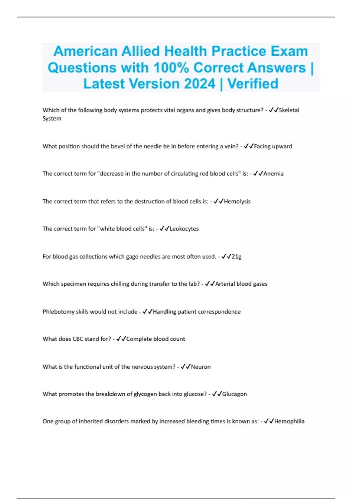 American Allied Health Practice Exam Questions with 100% Correct ...
