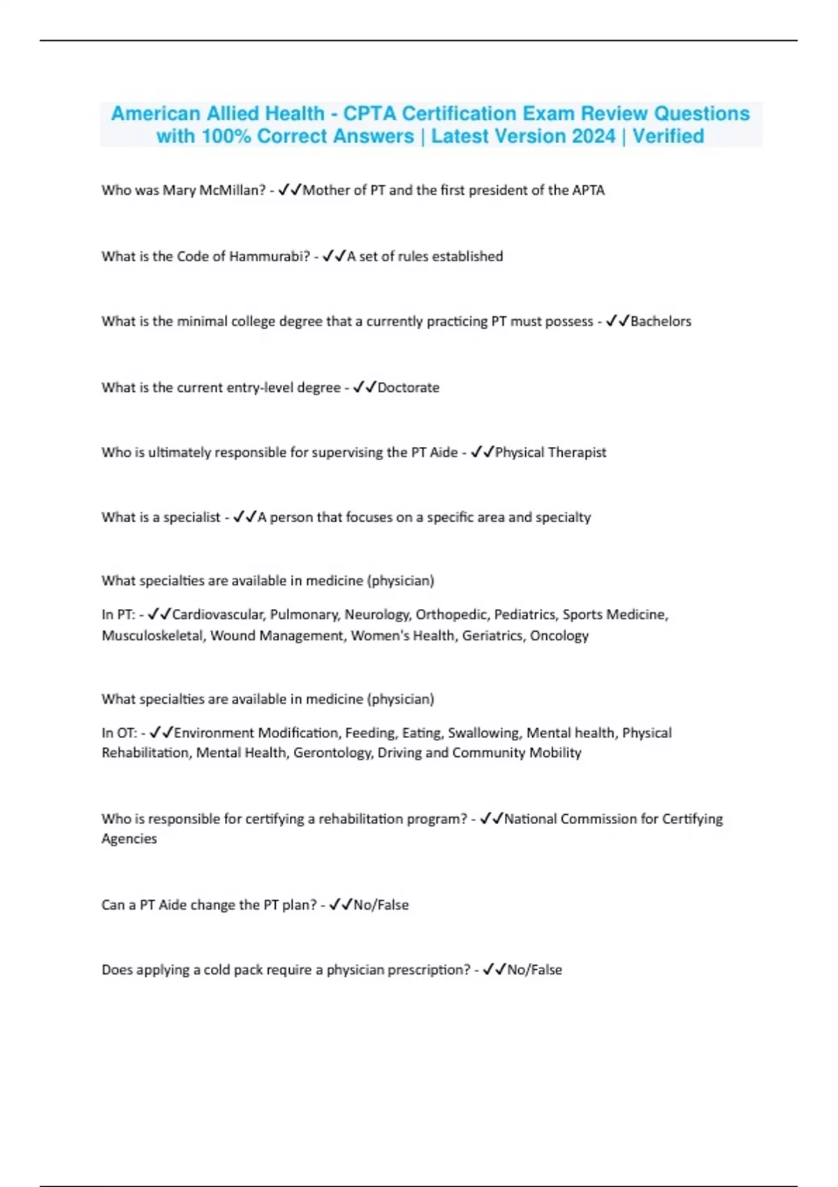 American Allied Health - CPTA Certification Exam Review Questions with ...