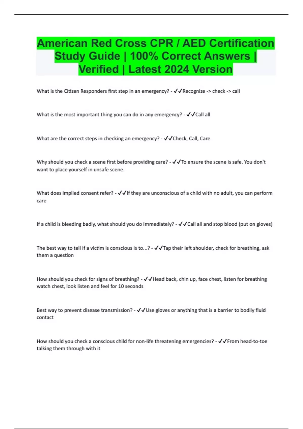 American Red Cross CPR / AED Certification Study Guide | 100% Correct ...