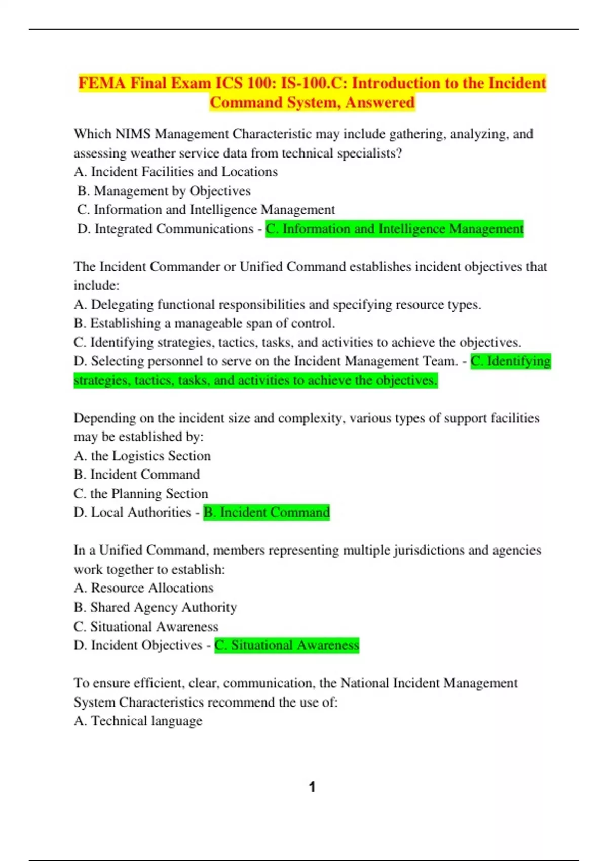 FEMA Final Exam ICS 100: IS-100.C: Introduction to the Incident Command ...