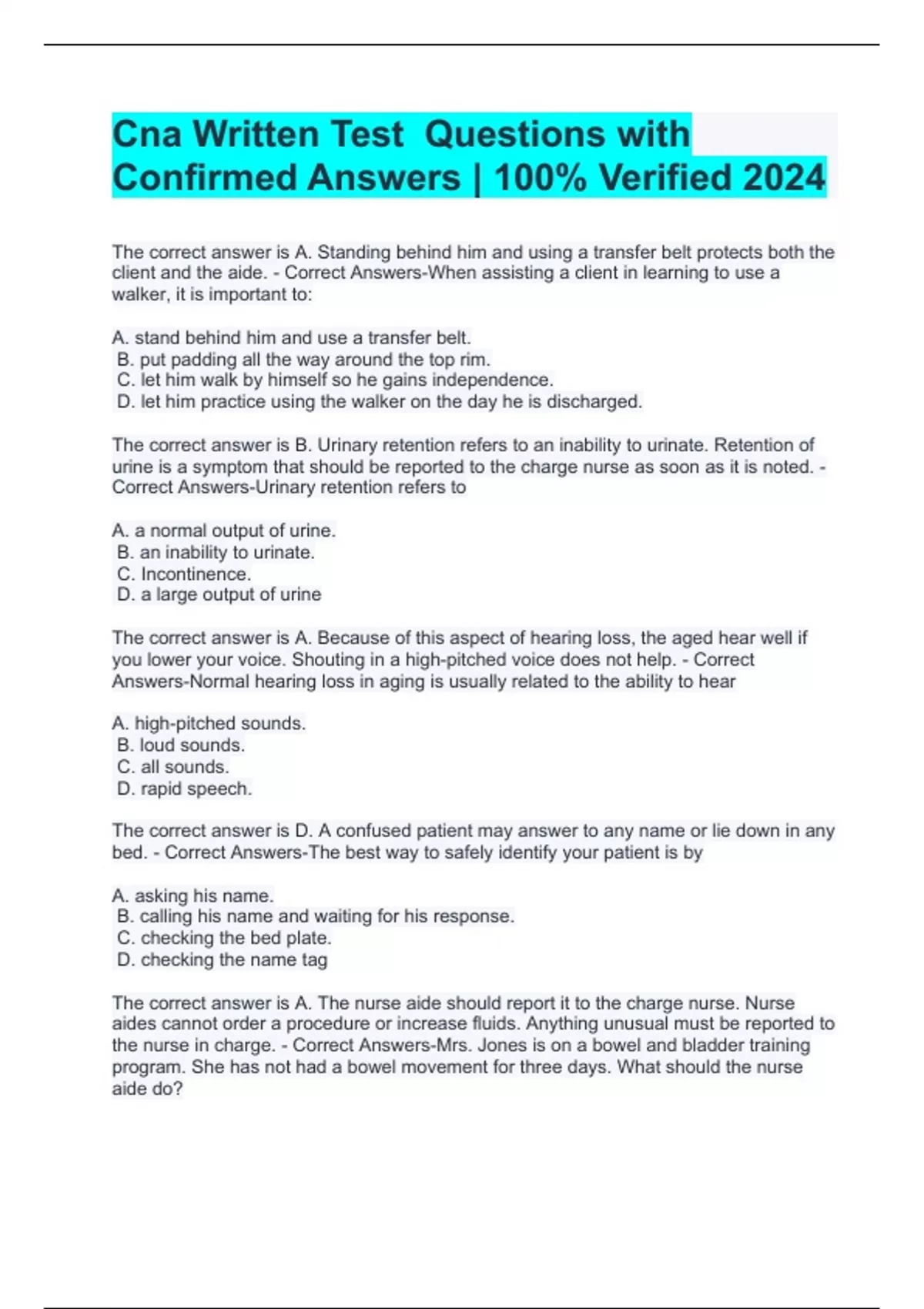 Cna Written Test Questions with Confirmed Answers | 100% Verified 2024 ...