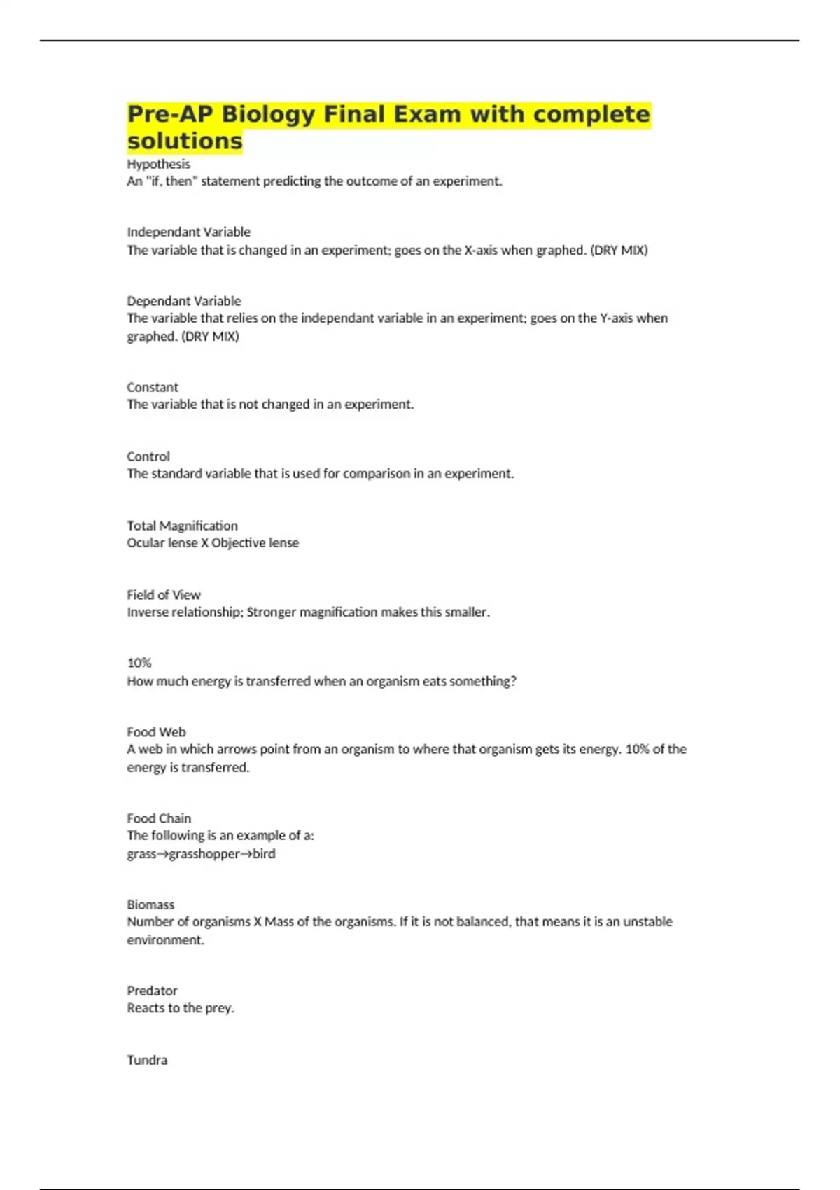 Pre-AP Biology Final Exam with complete solutions - AP Biology - Stuvia US