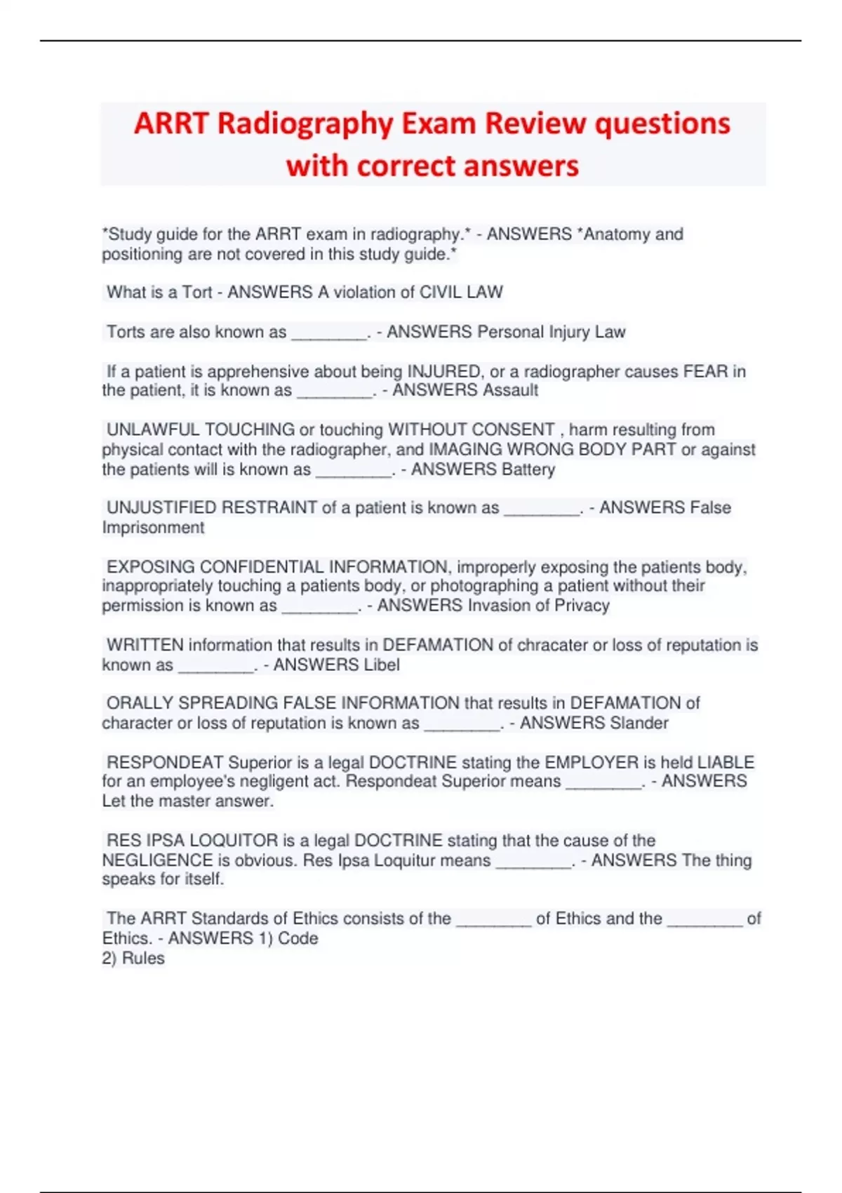 ARRT Radiography Exam Review questions with correct answers - ARRT - Stuvia US