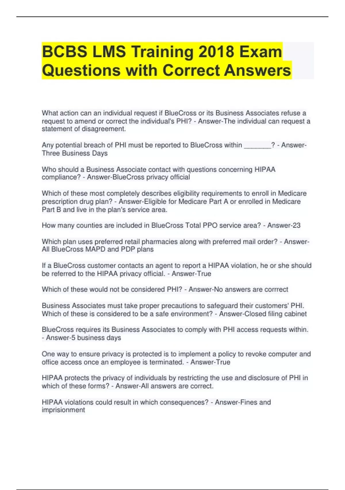 BCBS LMS Training 2018 Exam Questions with Correct Answers - BCBS ...