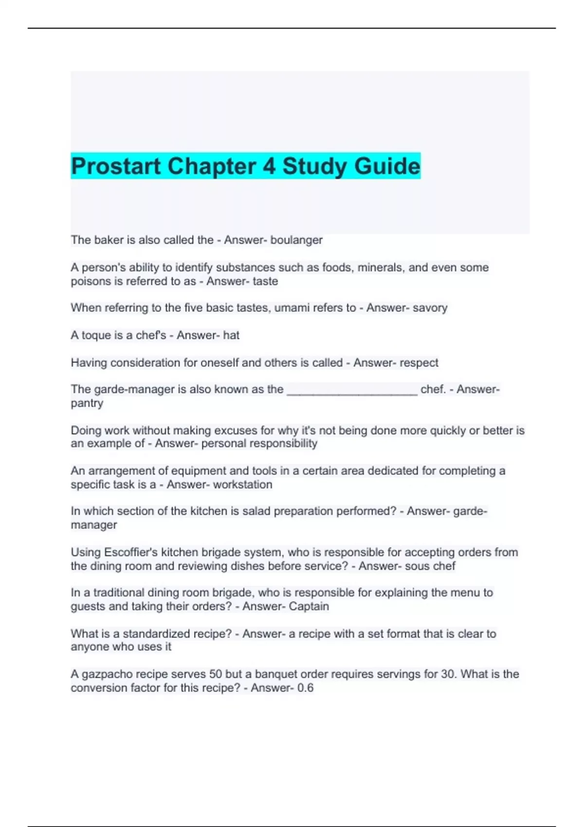 Prostart Chapter 4 Study Guide with complete solutions - ProStart ...