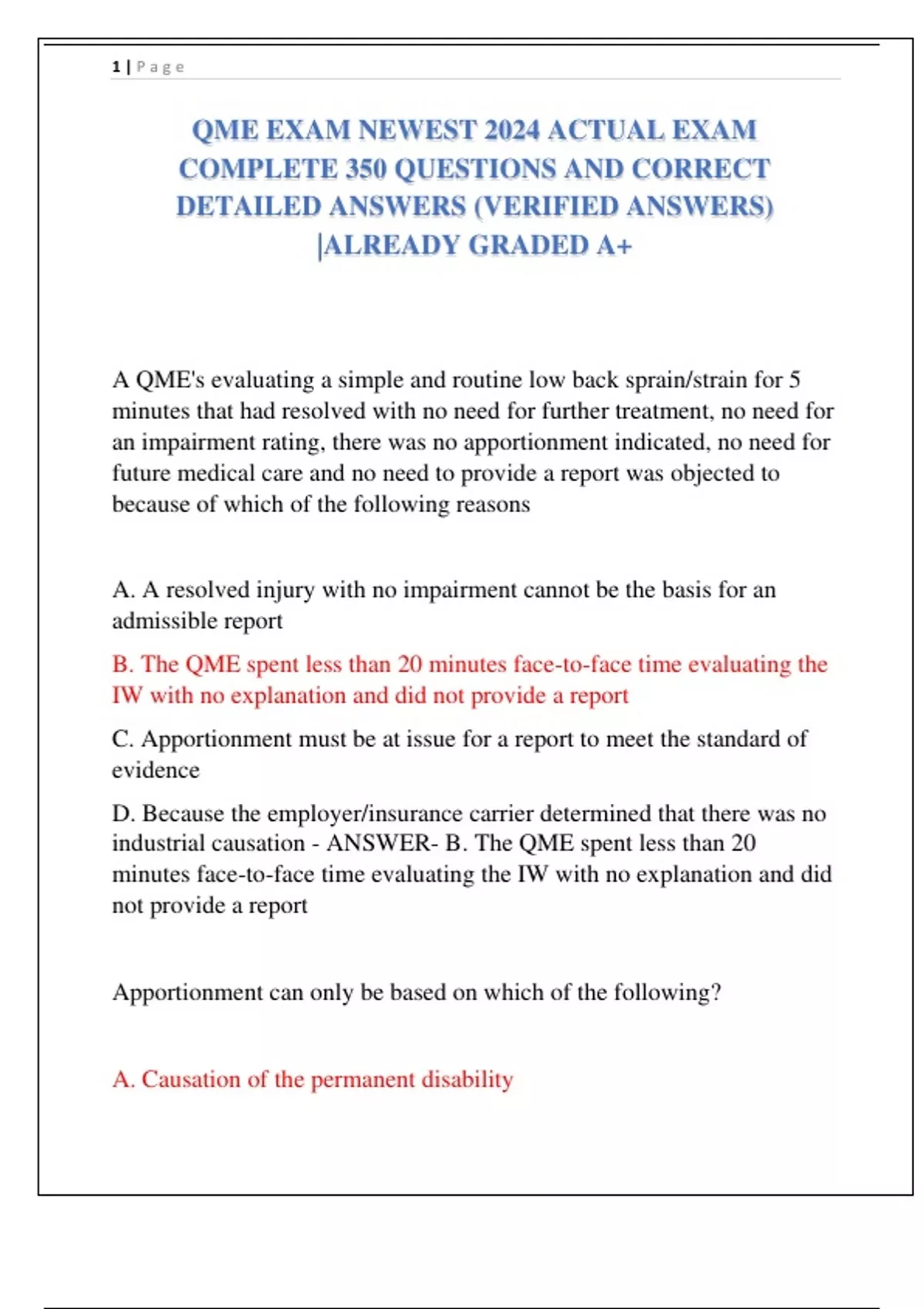 QME EXAM NEWEST ACTUAL EXAM COMPLETE 350 QUESTIONS AND CORRECT DETAILED ...