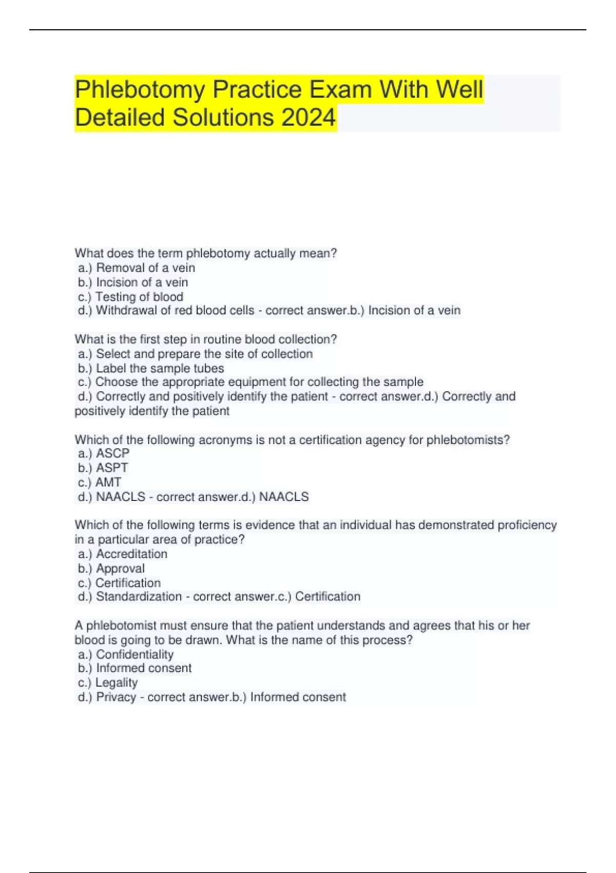 Phlebotomy Practice Exam With Well Detailed Solutions 2024 - CPT ...