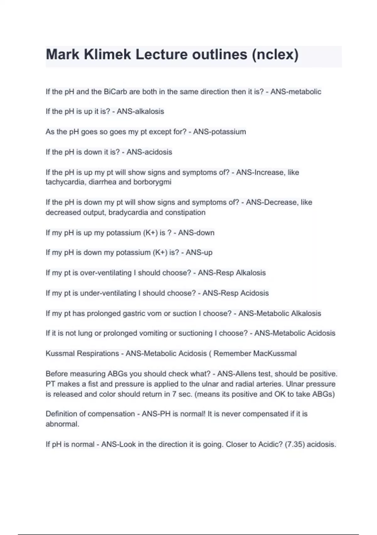 Mark Klimek Lecture outlines (nclex) with complete solution - Mak ...