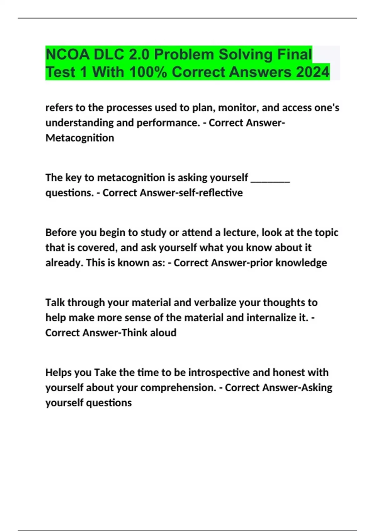 NCOA DLC 2.0 Problem Solving Final Test 1 With 100% Correct Answers ...