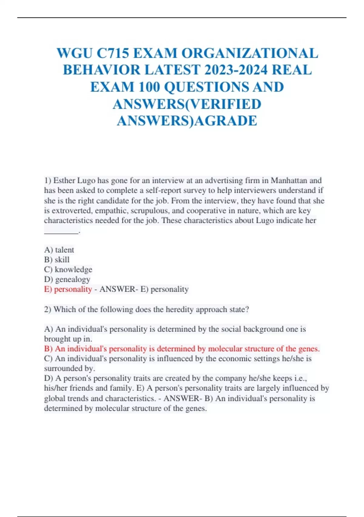 WGU C715 EXAM ORGANIZATIONAL BEHAVIOR LATEST REAL EXAM 100 QUESTIONS ...