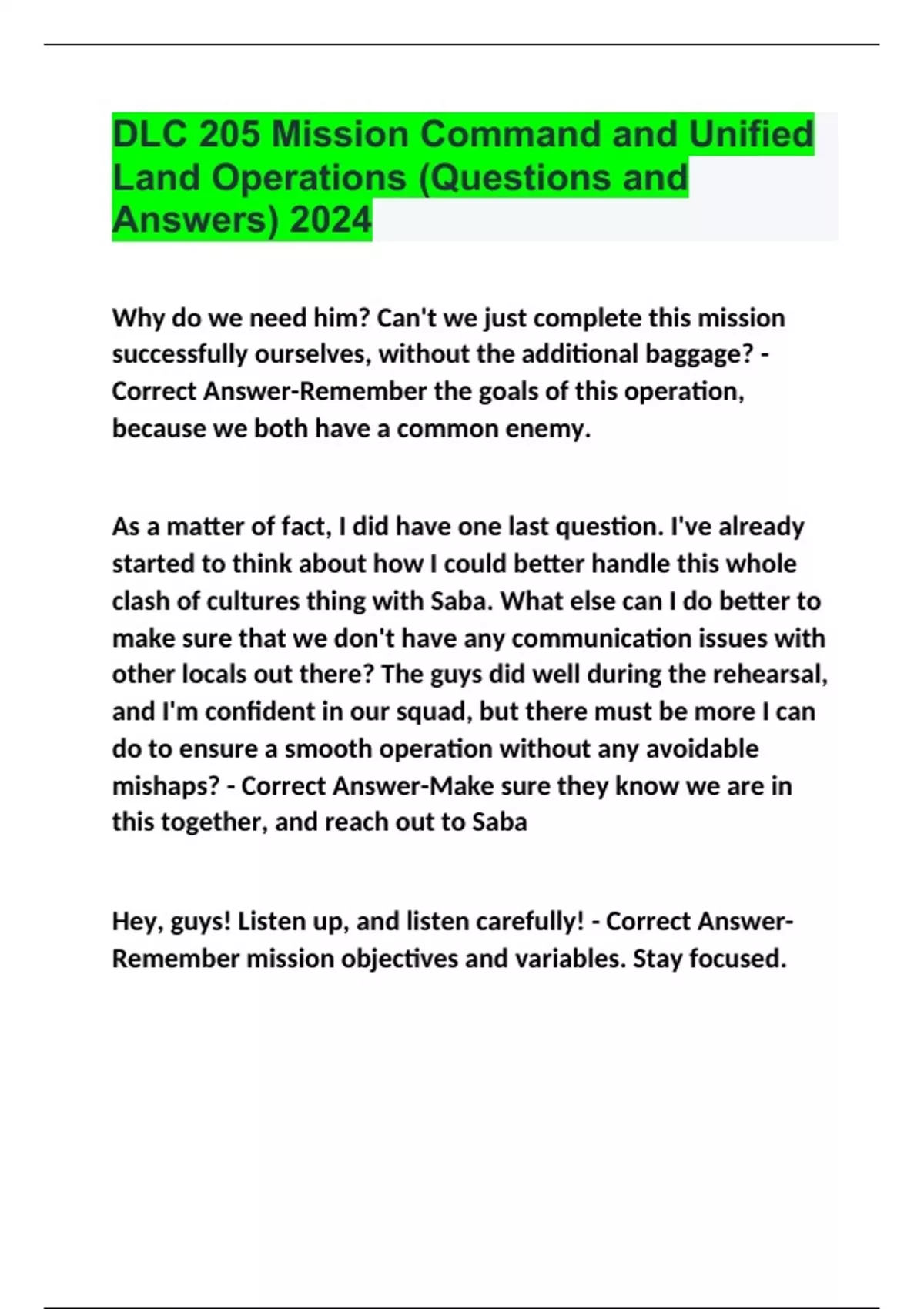 DLC 205 Mission Command and Unified Land Operations (Questions and Answers) 2024 - DLC - Stuvia US