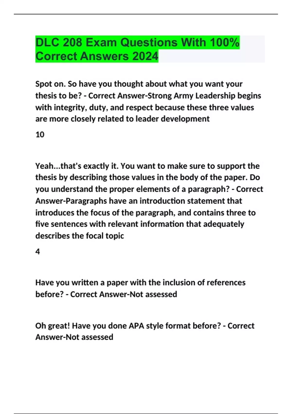 DLC 208 Exam Questions With 100% Correct Answers 2024 - DLC - Stuvia US