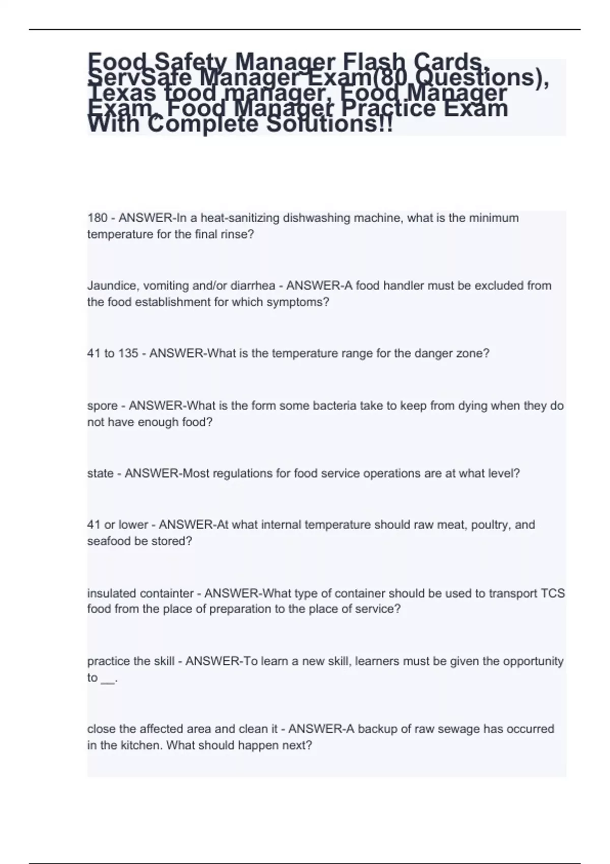 Food Safety Manager Flash Cards, ServSafe Manager Exam(80 Questions ...