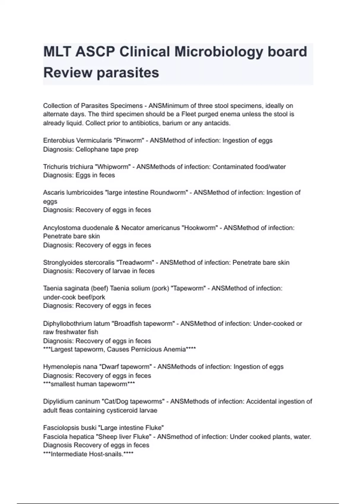 MLT ASCP Clinical Microbiology board Review parasites questions and ...