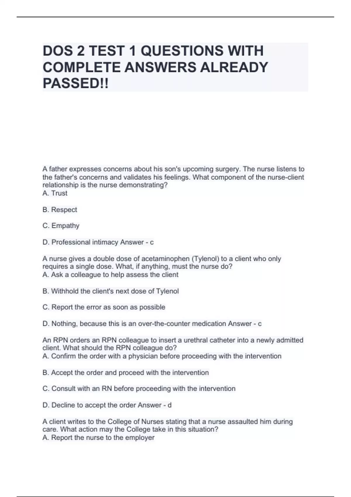 DOS 2 TEST 1 QUESTIONS WITH COMPLETE ANSWERS ALREADY PASSED!! - DOS II ...