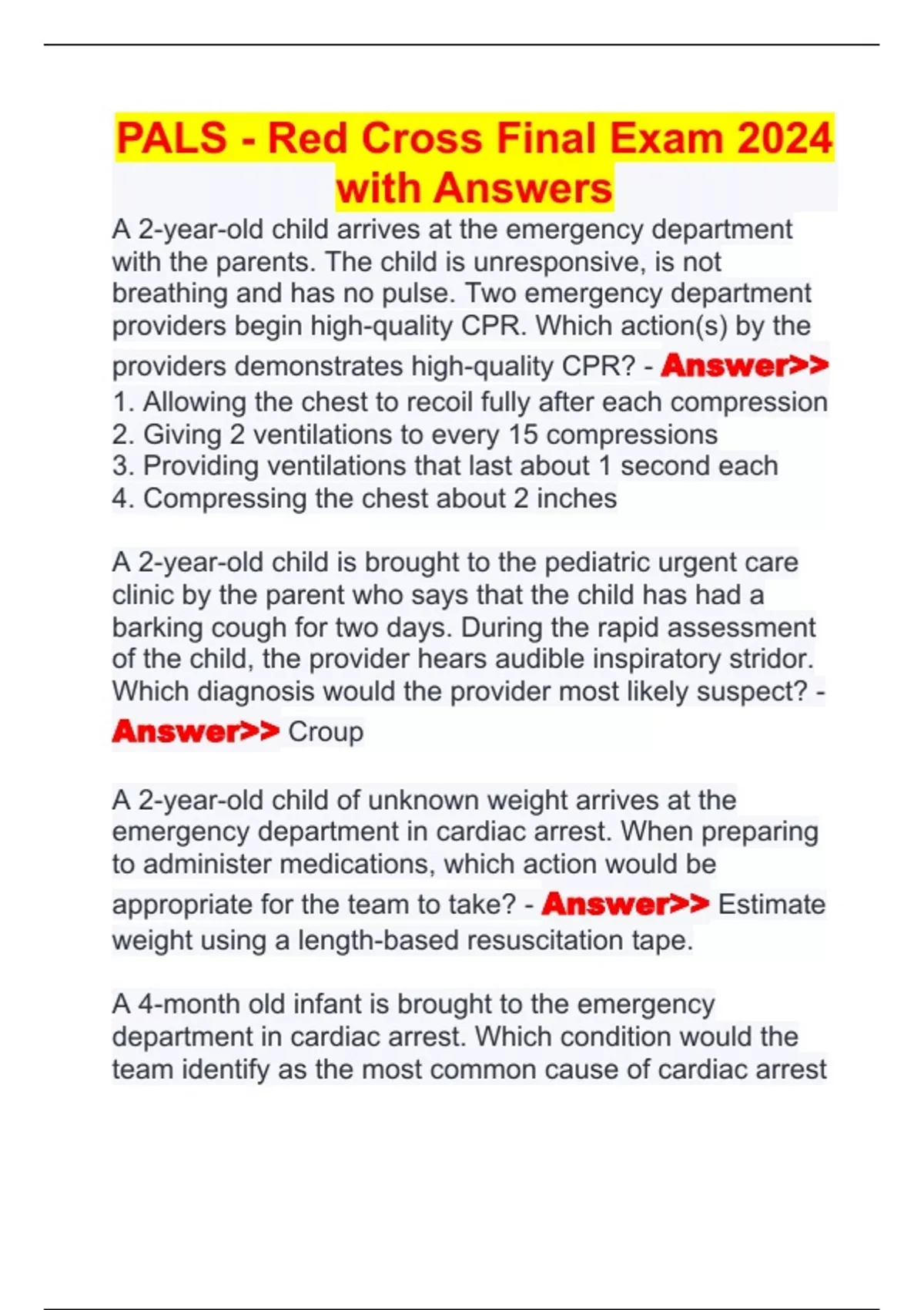 PALS - Red Cross Final Exam 2024 with Answers - AHA PALS - Stuvia US
