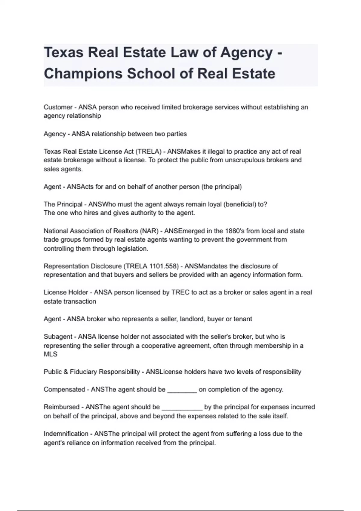 Texas Real Estate Law of Agency - Champions School of Real Estate ...