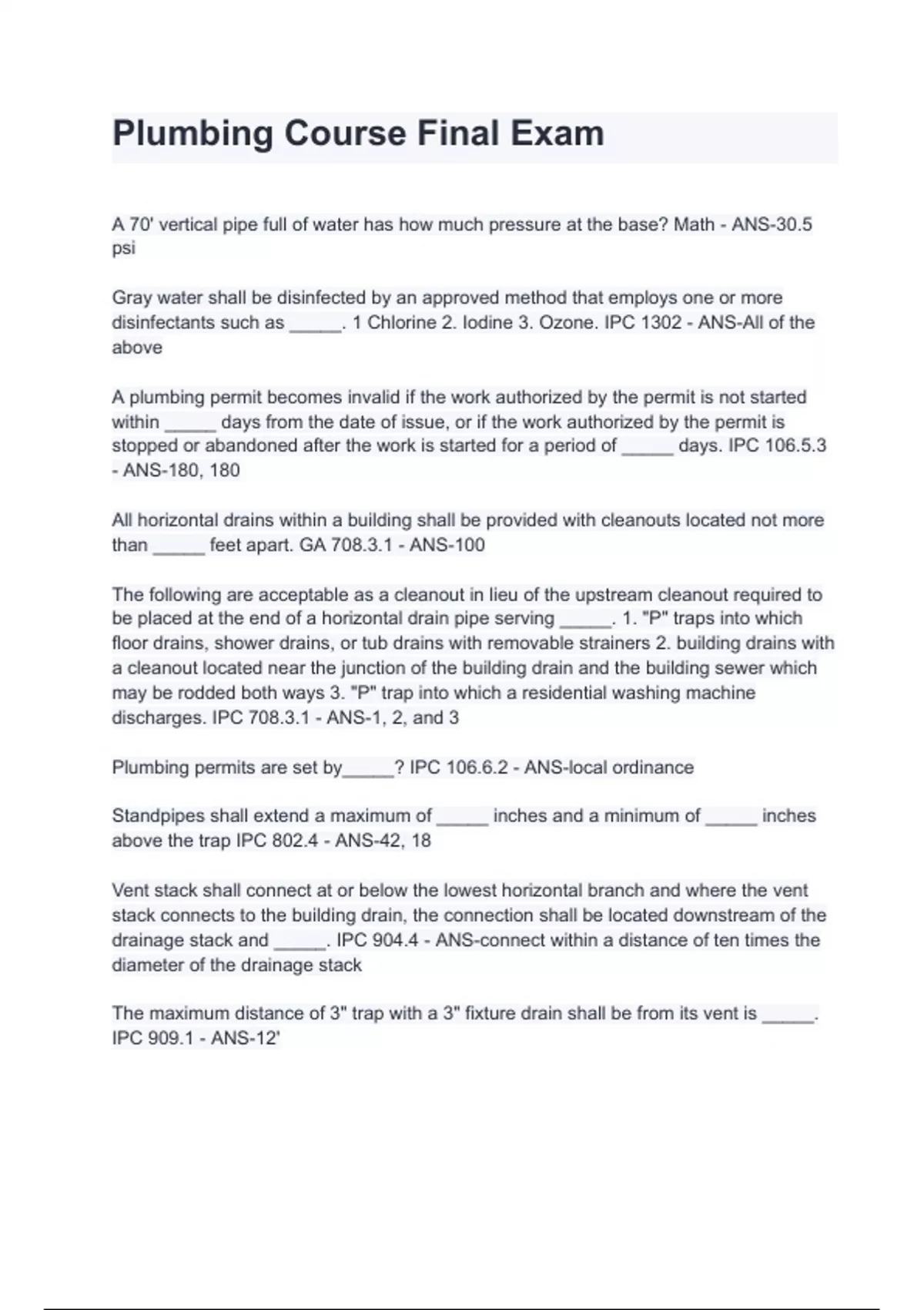 Plumbing Course Final Exam with 100% correct answers | verified ...