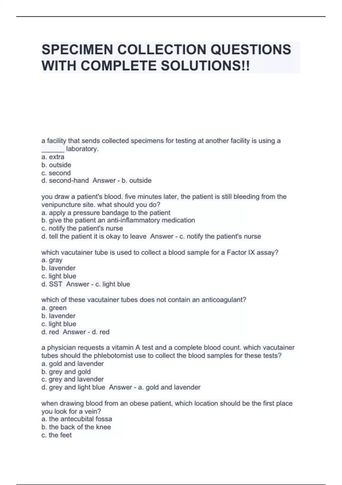 SPECIMEN COLLECTION QUESTIONS WITH COMPLETE SOLUTIONS!! - SPECIMEN ...