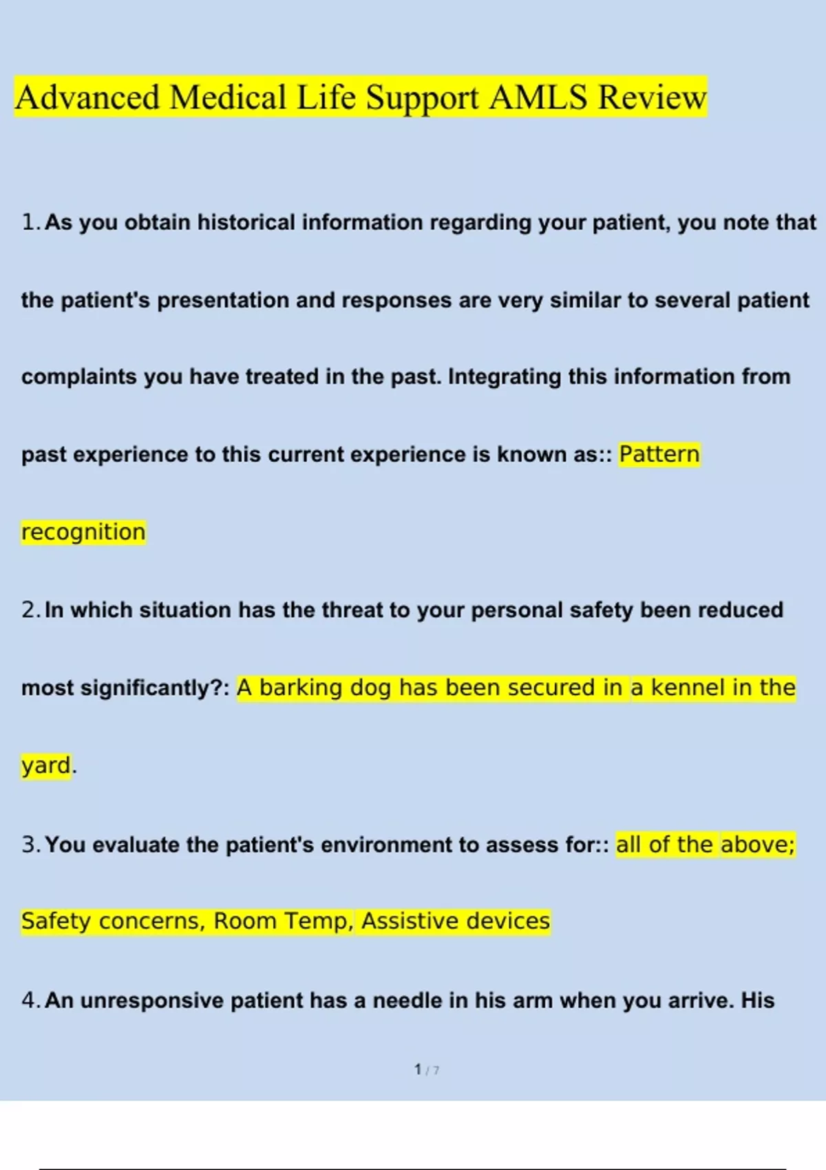 Advanced Medical Life Support AMLS Review with Complete Solutions ...