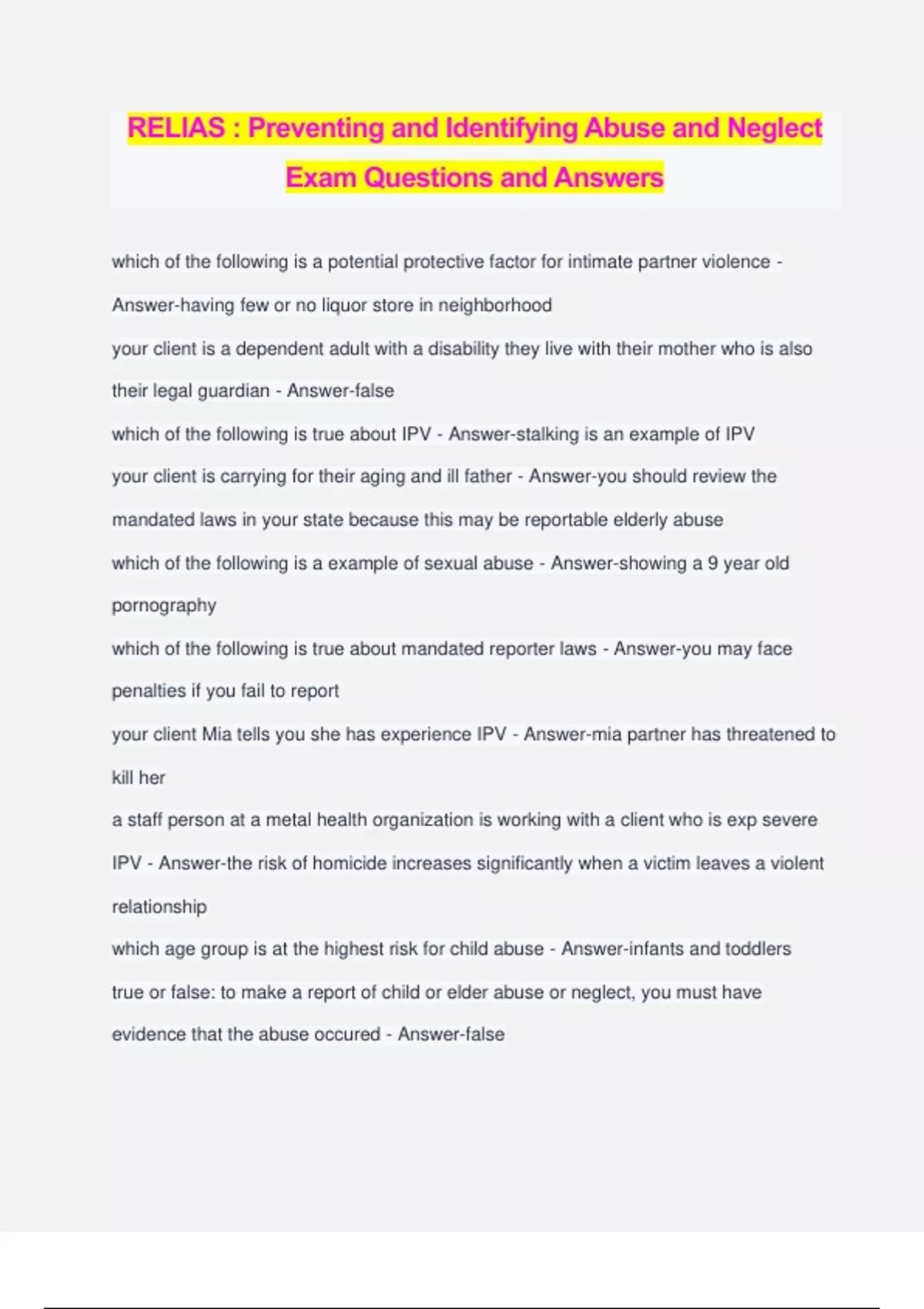 RELIAS : Preventing and Identifying Abuse and Neglect Exam Questions and Answers - RELIAS ...