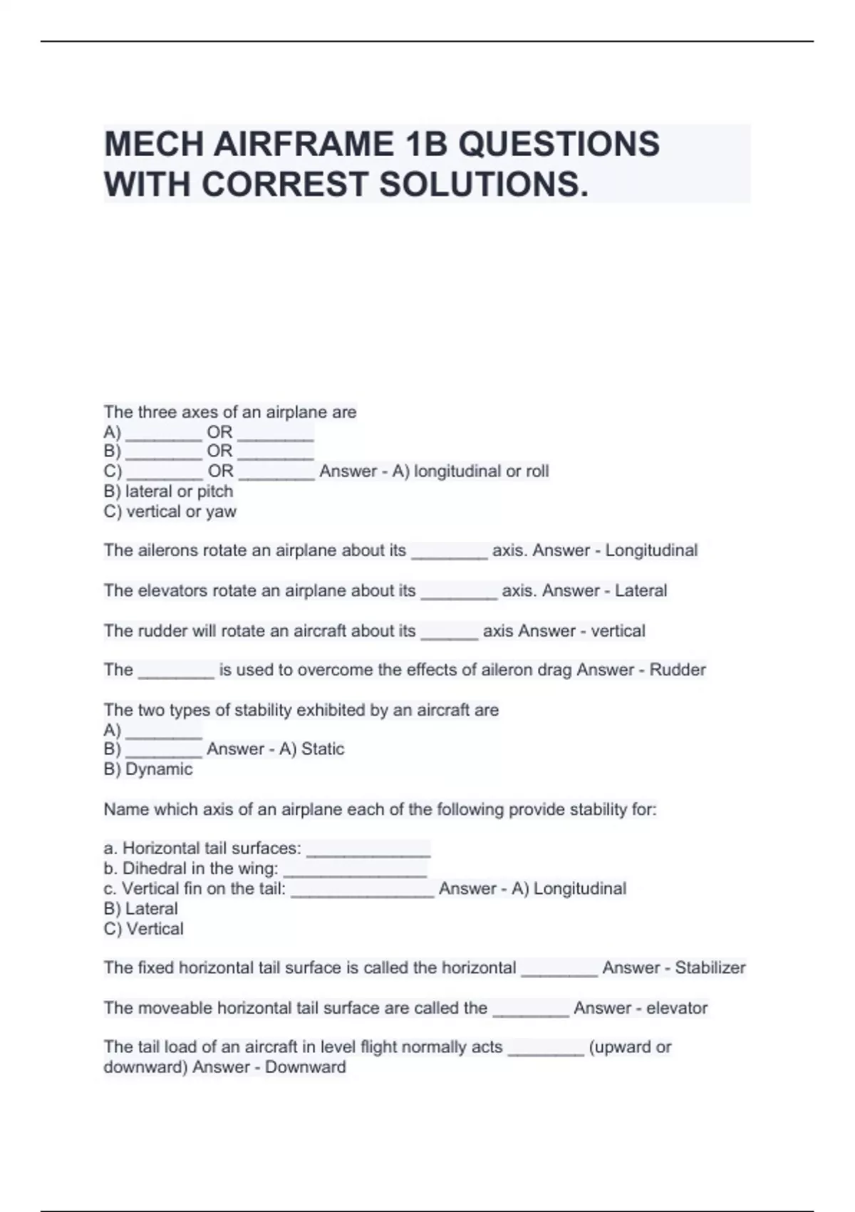 MECH AIRFRAME 1B QUESTIONS WITH CORREST SOLUTIONS. - MECH AIRFRAME 1B ...
