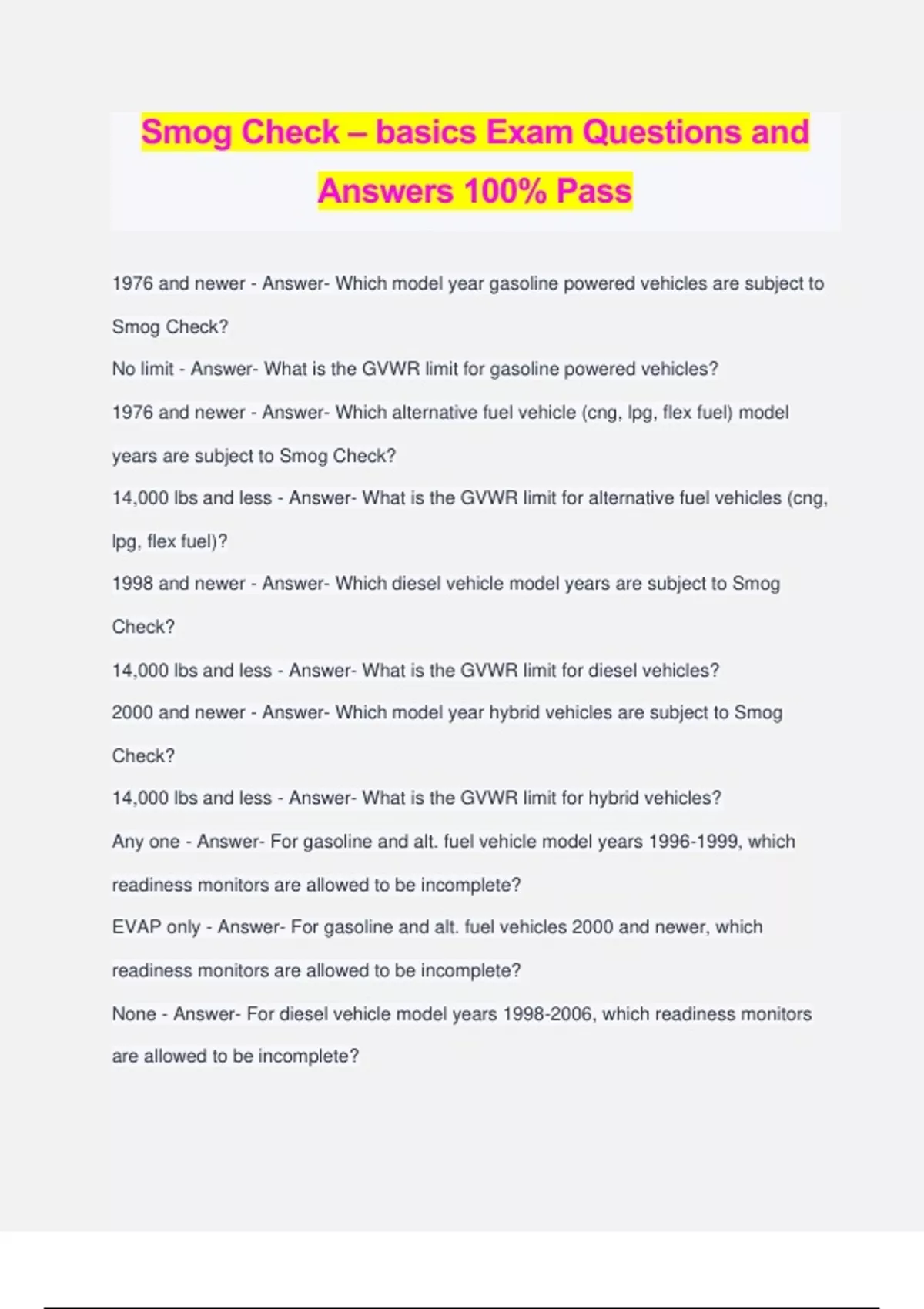 Smog Check – basics Exam Questions and Answers 100% Pass - Smog Check ...