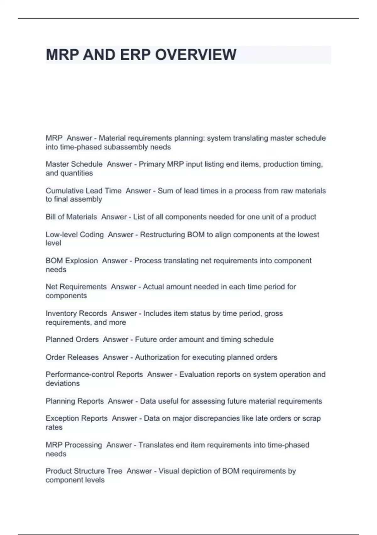 MRP AND ERP OVERVIEW - MRP AND ERP - Stuvia US