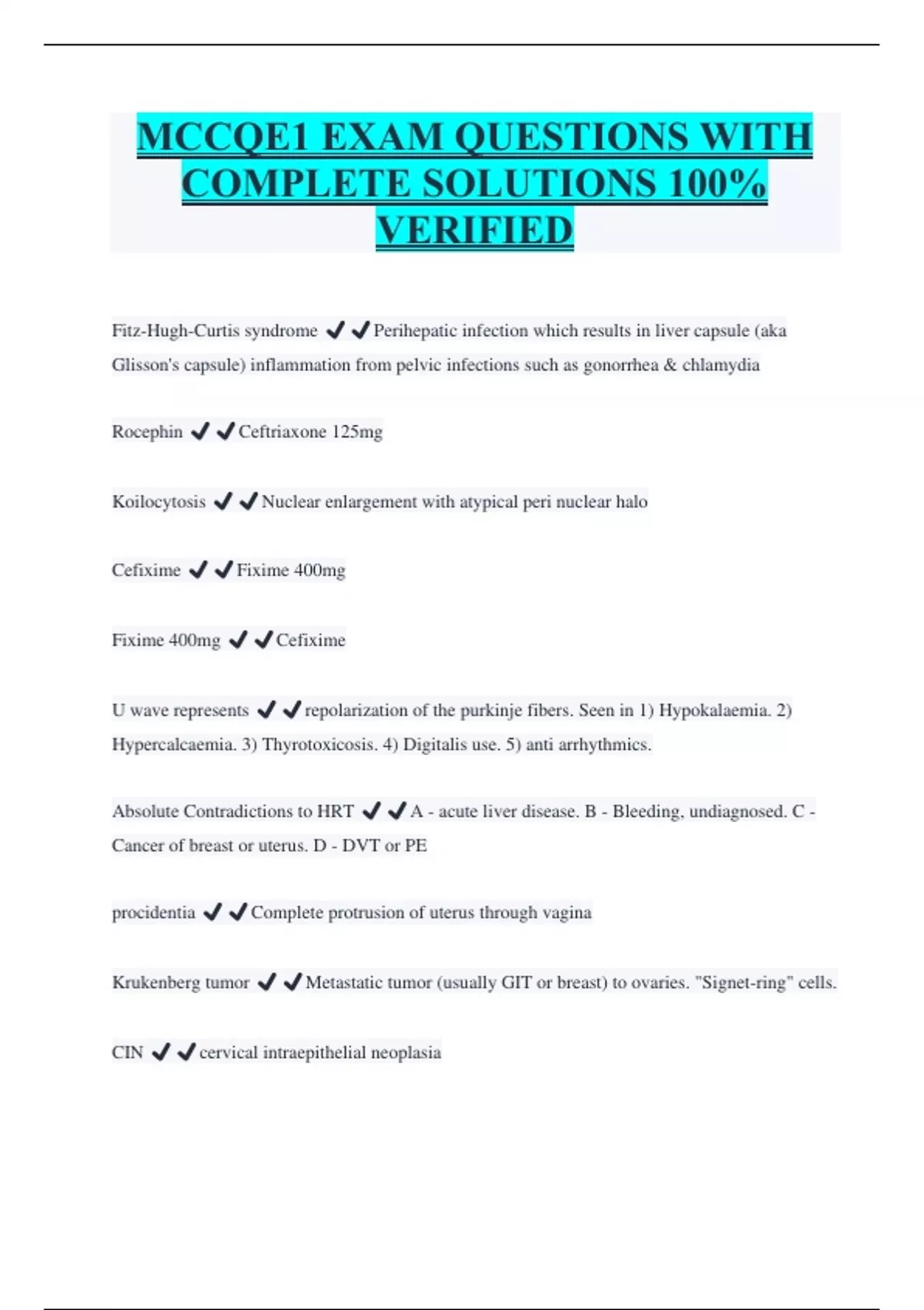 MCCQE1 EXAM QUESTIONS WITH COMPLETE SOLUTIONS 100% VERIFIED - MCCQE1 ...