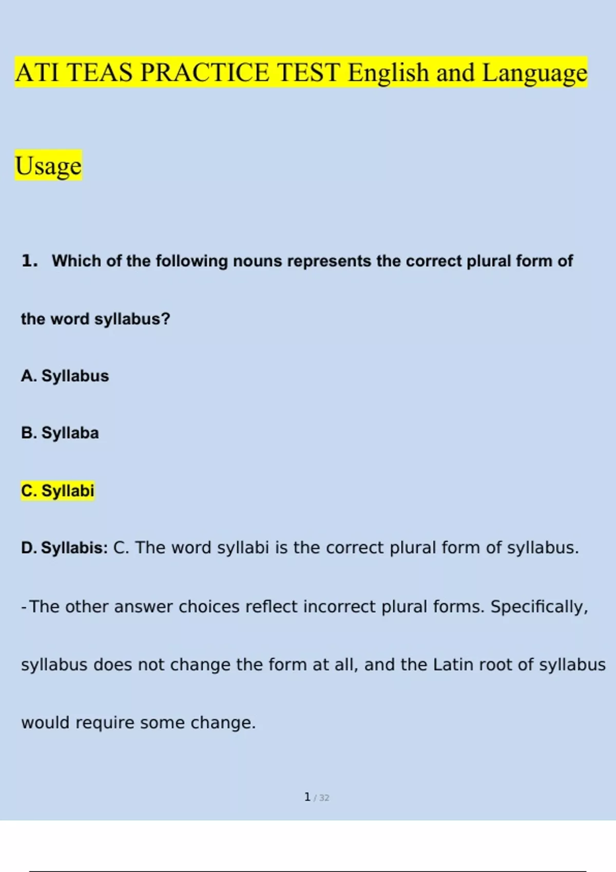 ATI TEAS PRACTICE TEST English and Language Usage Questions & Answers ...