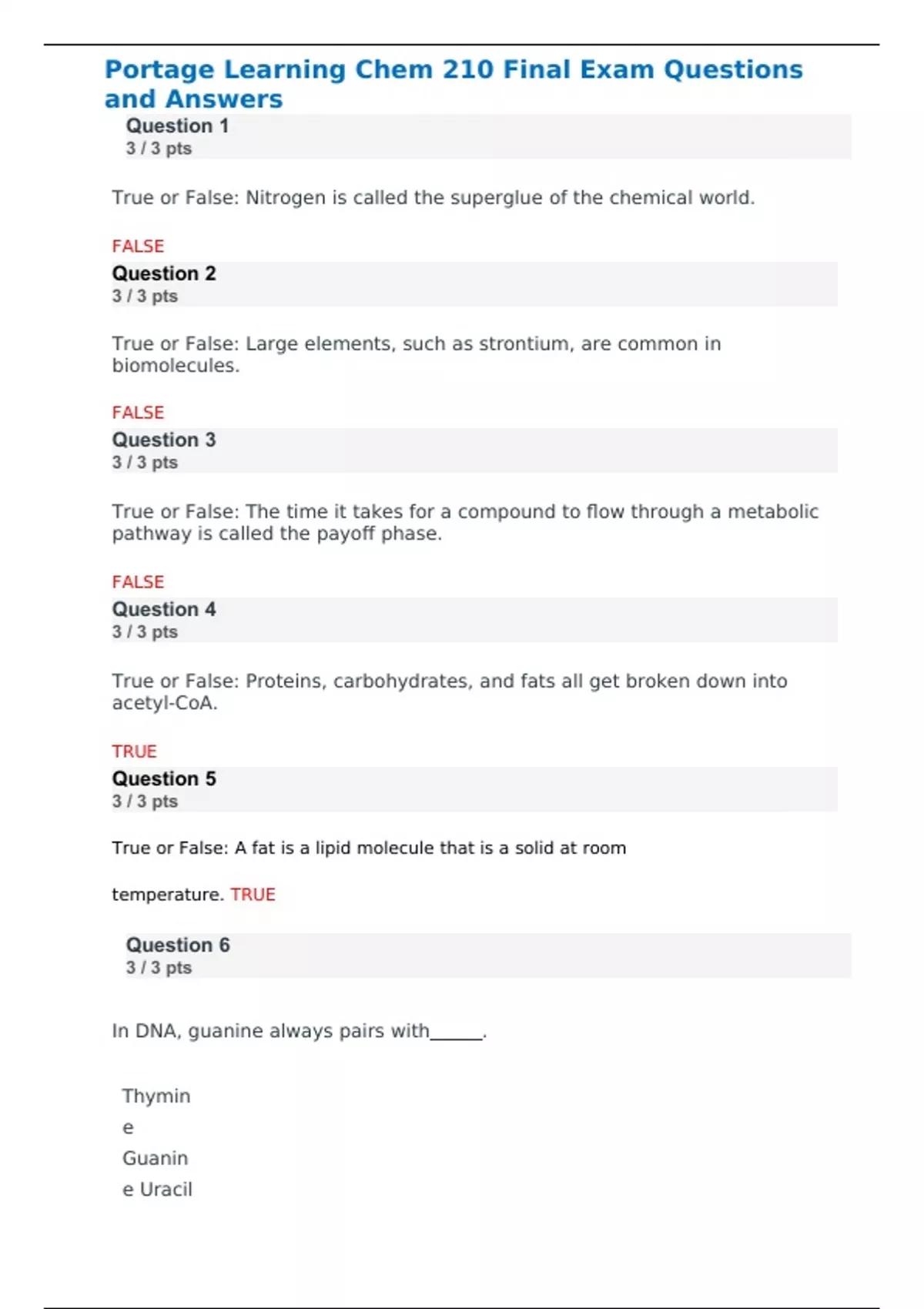 Portage Learning Chem 210 Final Exam Questions and Answers - CHEM 210 ...