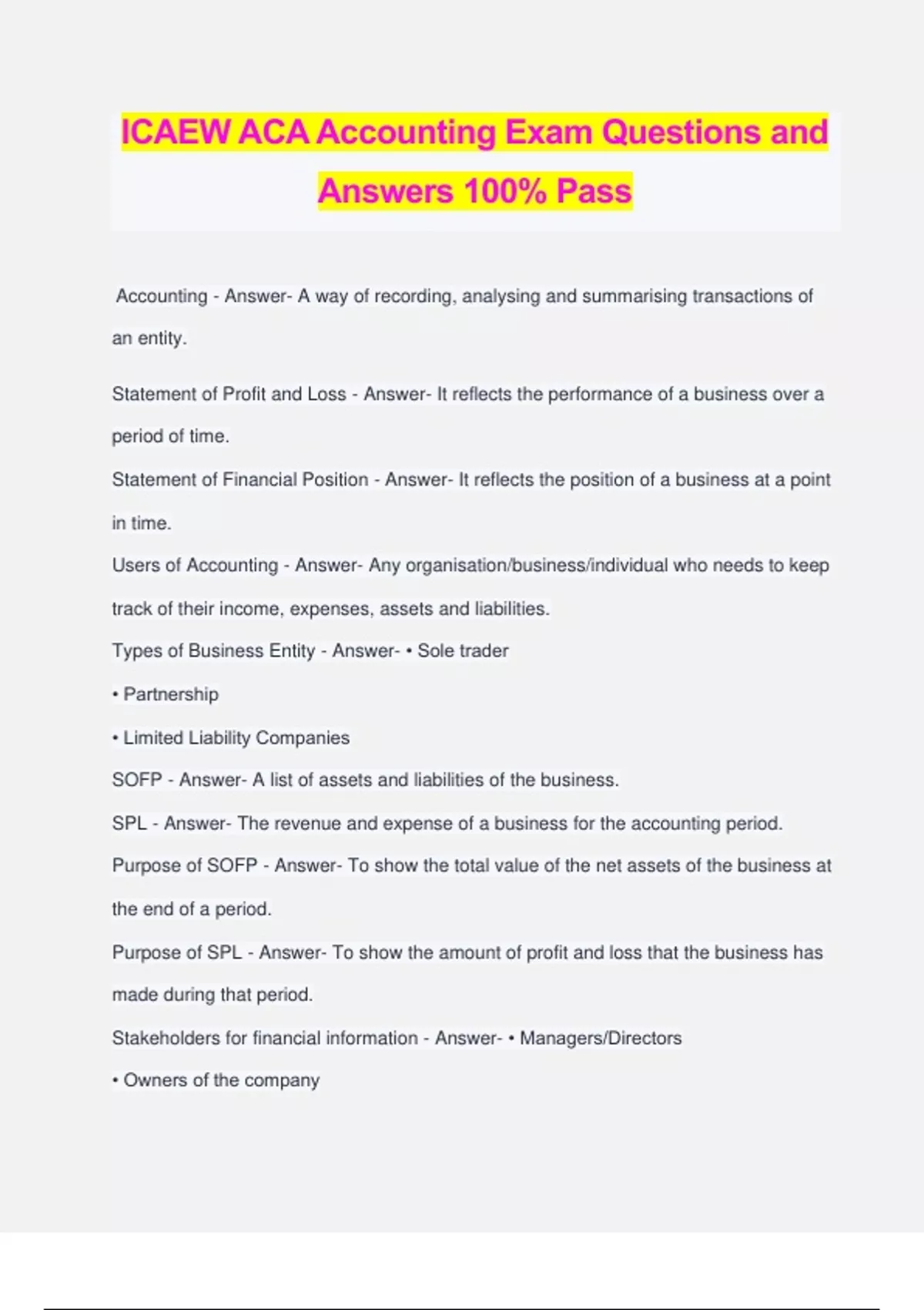 ICAEW ACA Accounting Exam Questions and Answers 100% Pass - ACA - Stuvia US