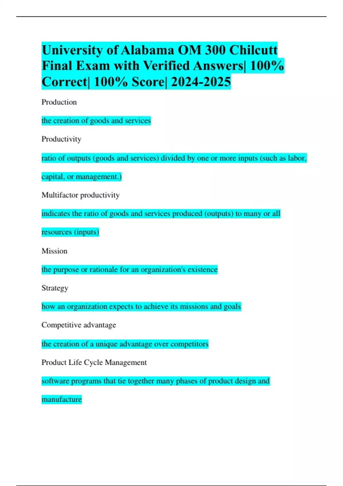 University of Alabama OM 300 Chilcutt Final Exam with Verified Answers ...