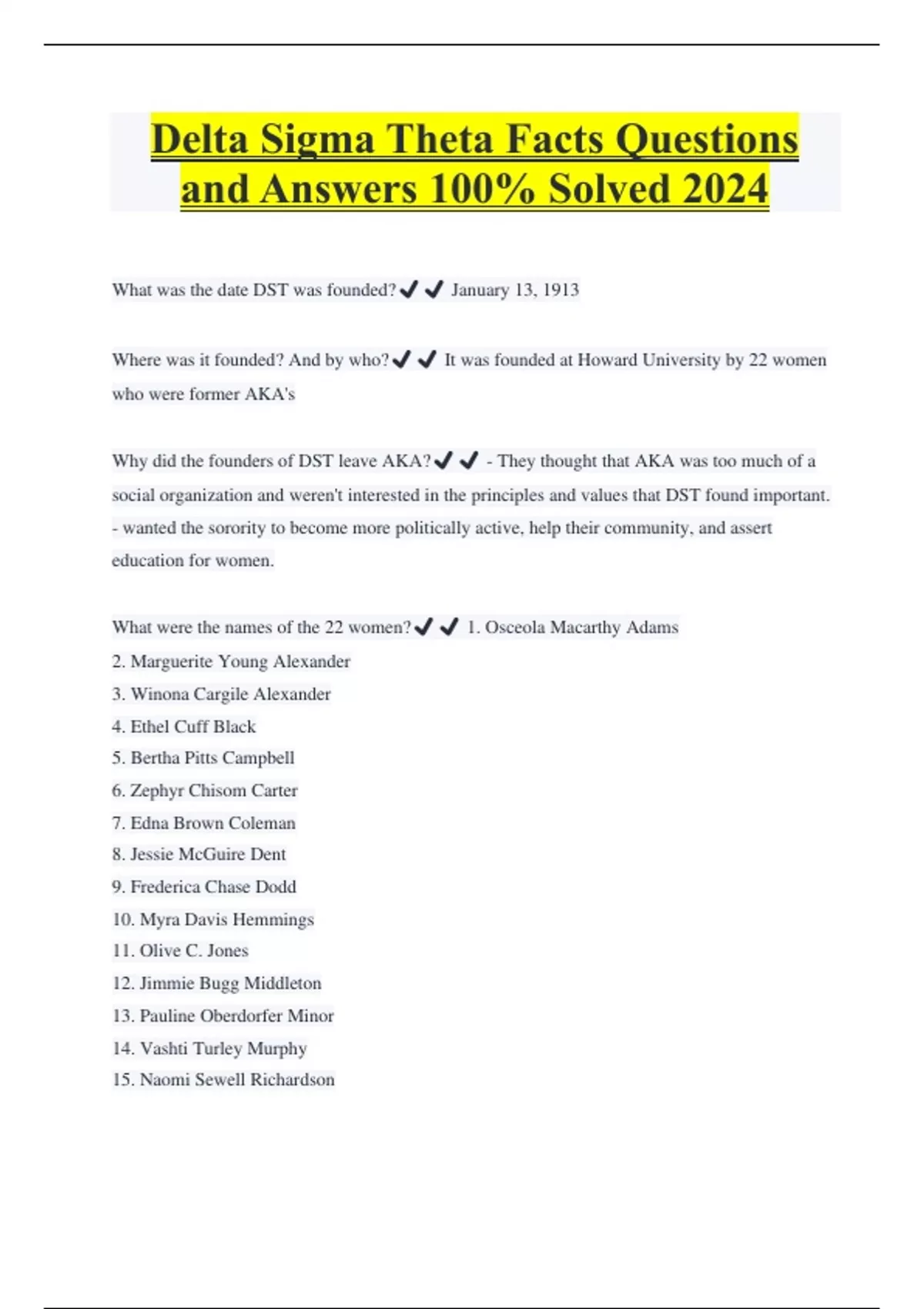 Delta Sigma Theta Facts Questions and Answers 100% Solved 2024 - Delta ...